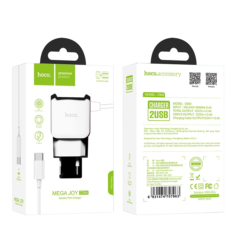 Hoco C59A dual USB port EU with built-in wire - Wantech Electronics